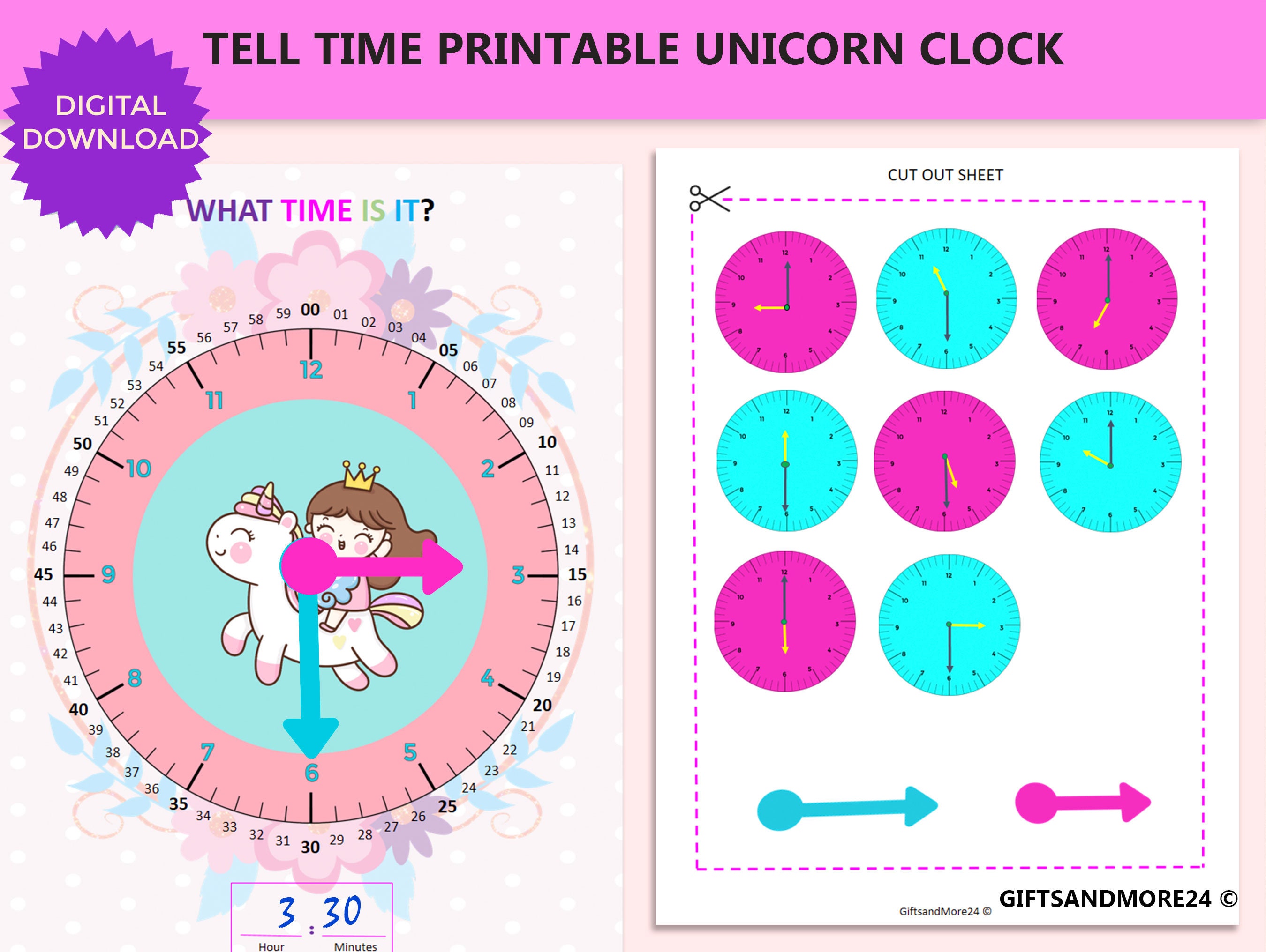 Printable Unicorn Clock Learn to Tell Time for Kids - Etsy
