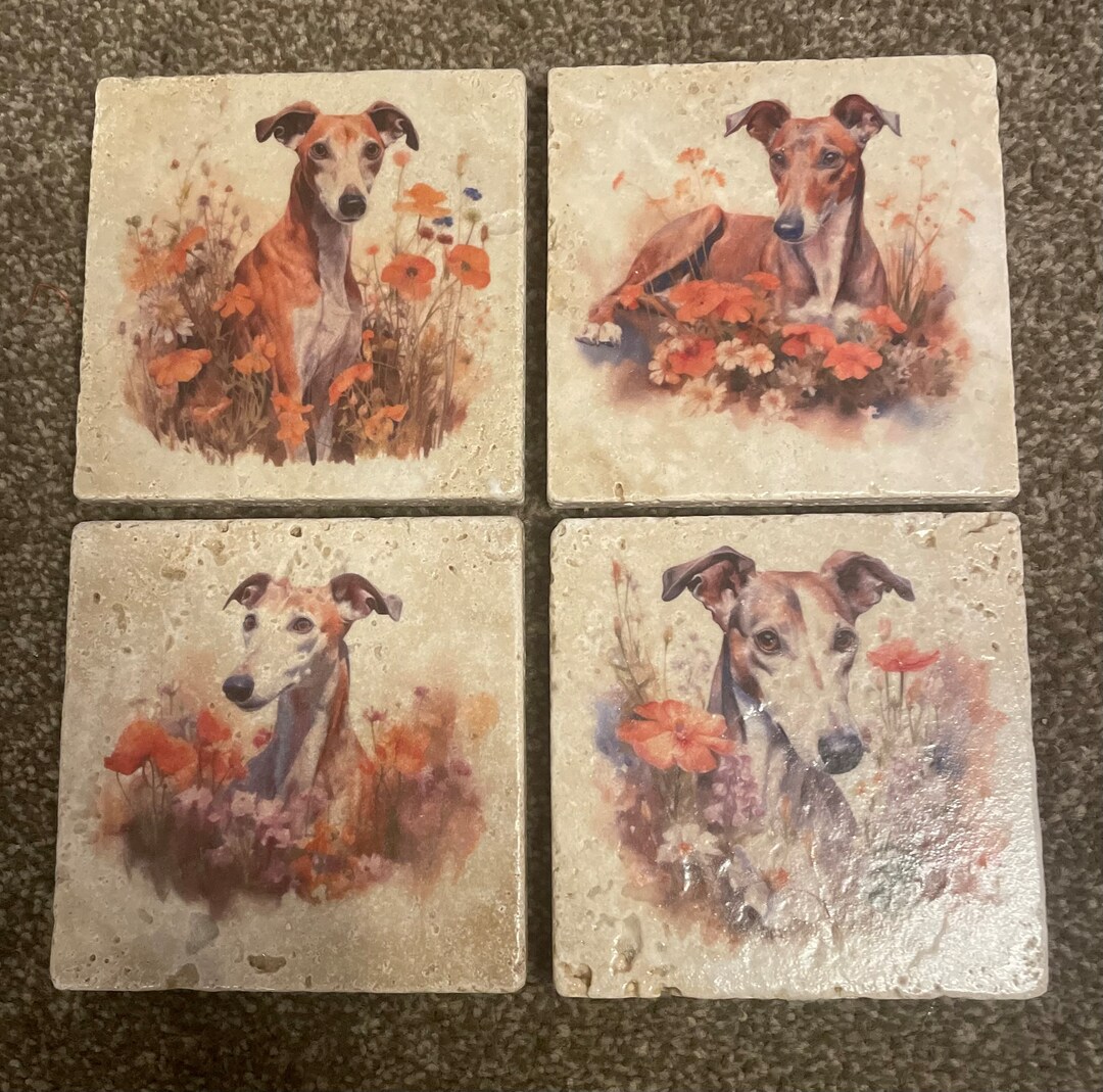 Natural Stone Coasters, Set of 4 different Greyhound designs, decoupage ...