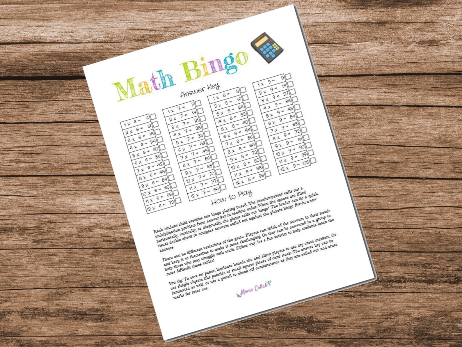 Math Bingo - 6, 7, 8, and 9 Multiplication Learning Game Printable ...