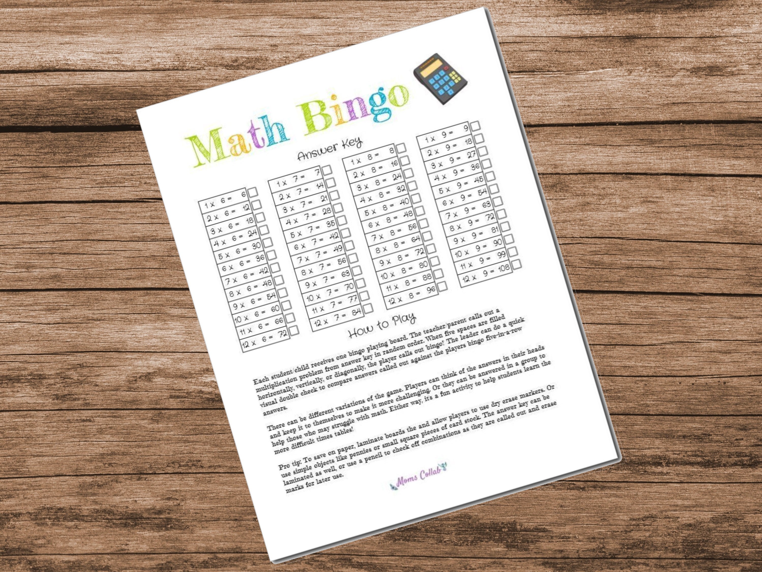 Math Bingo - 6, 7, 8, and 9 Multiplication Learning Game Printable ...