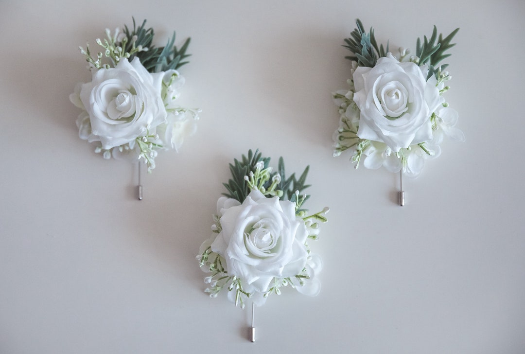 White Buttonhole for Men, White Rose Buttonhole, Artificial Buttonhole ...