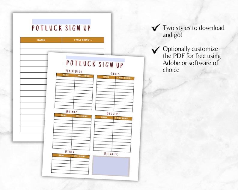 Customizable Potluck Sign up Sheets, Food Sign up Template for ...
