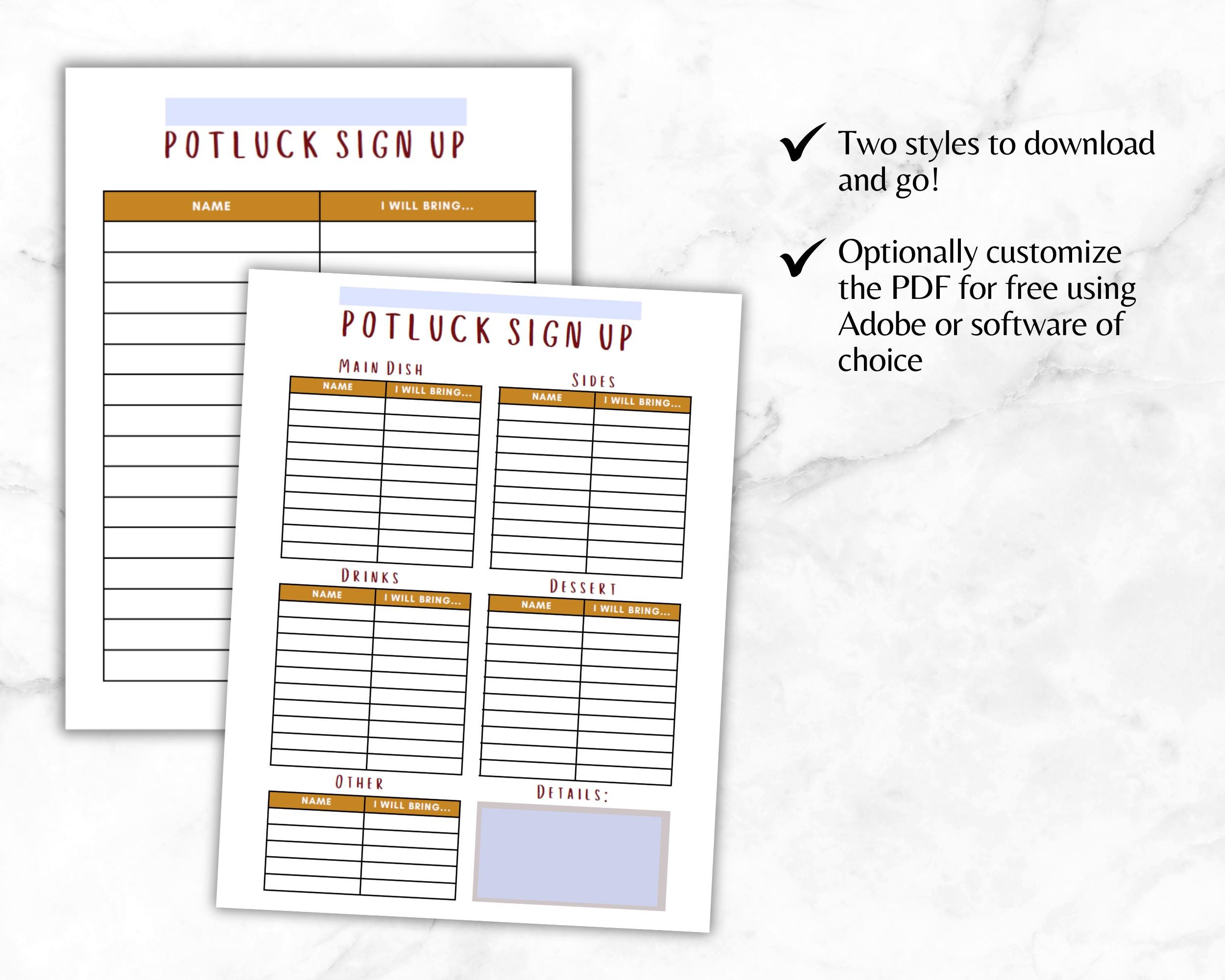 Customizable Potluck Sign up Sheets, Food Sign up Template for ...