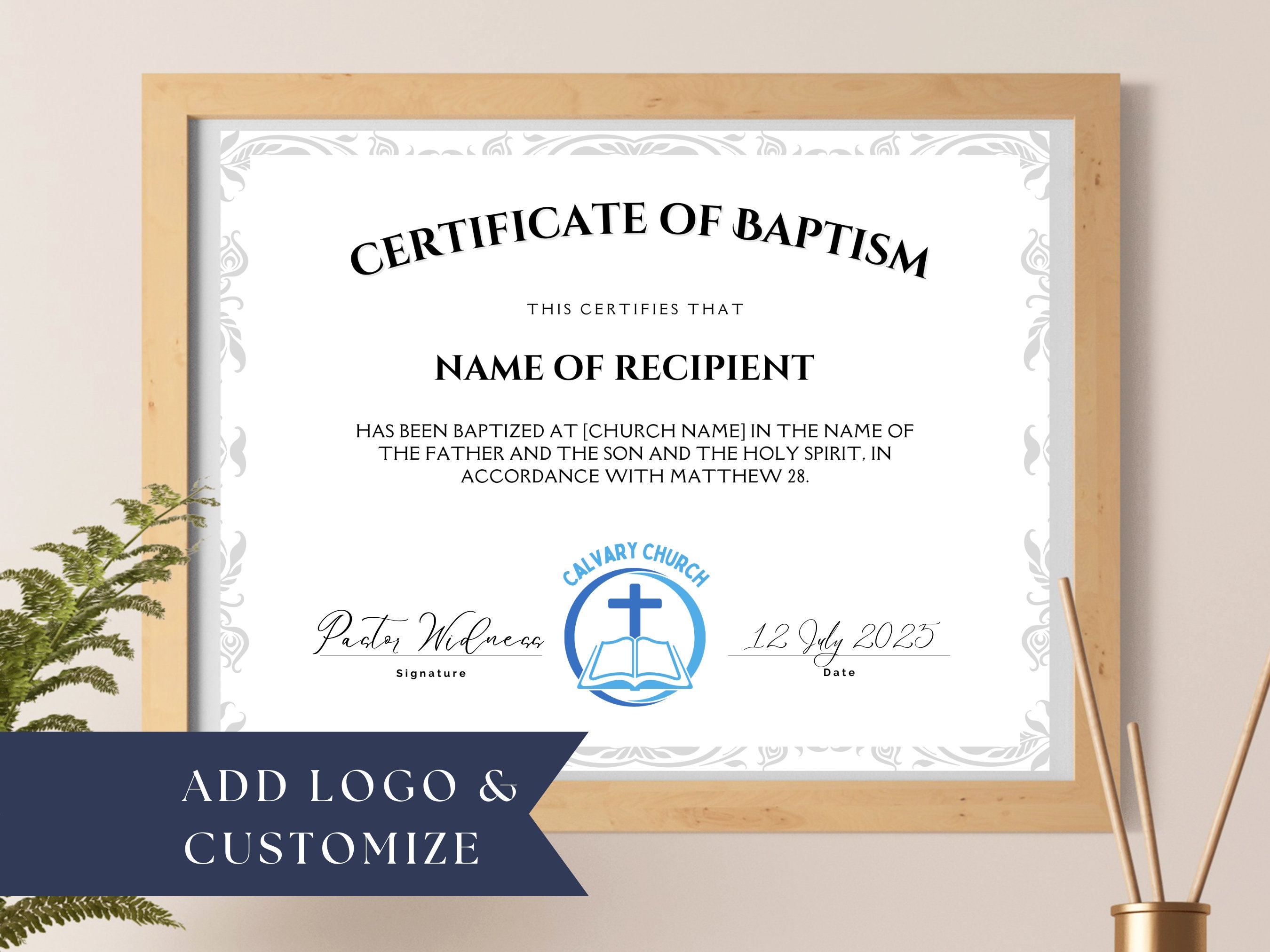 Certificado de bautismo editable con logotipo de la iglesia ...