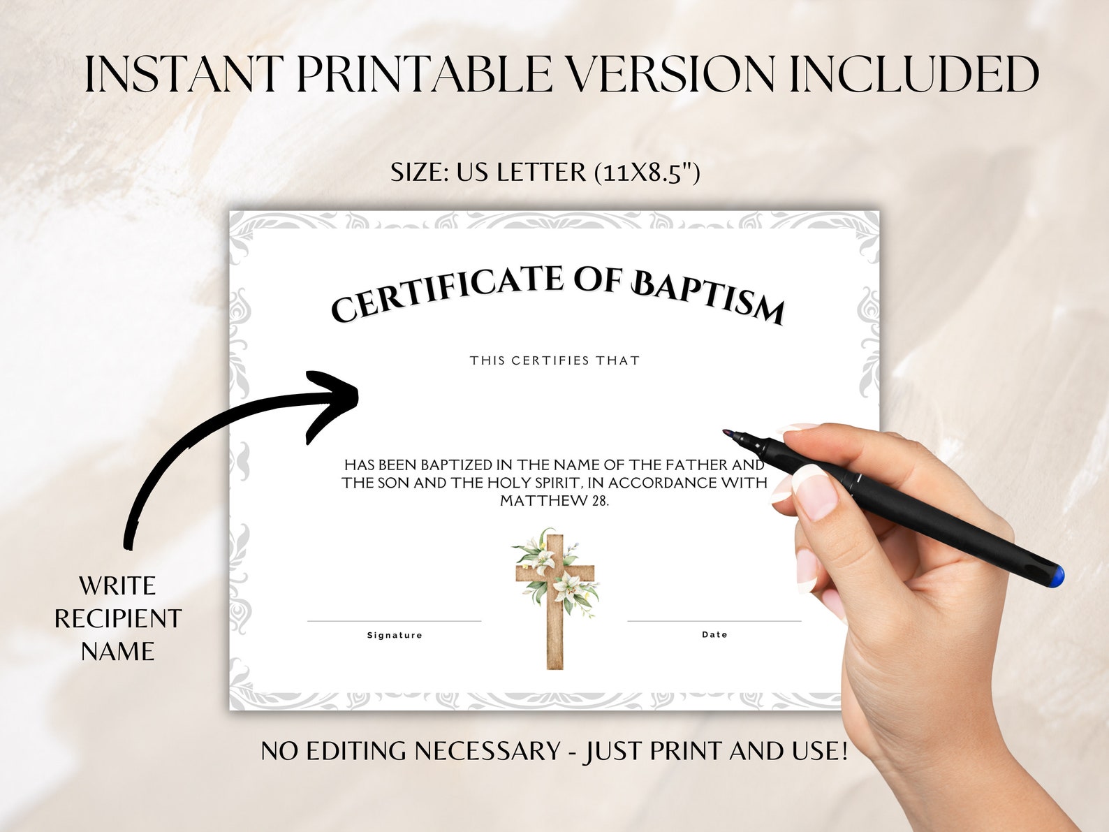 Baptism Certificate Editable, Water Baptism Certificate Catholic ...