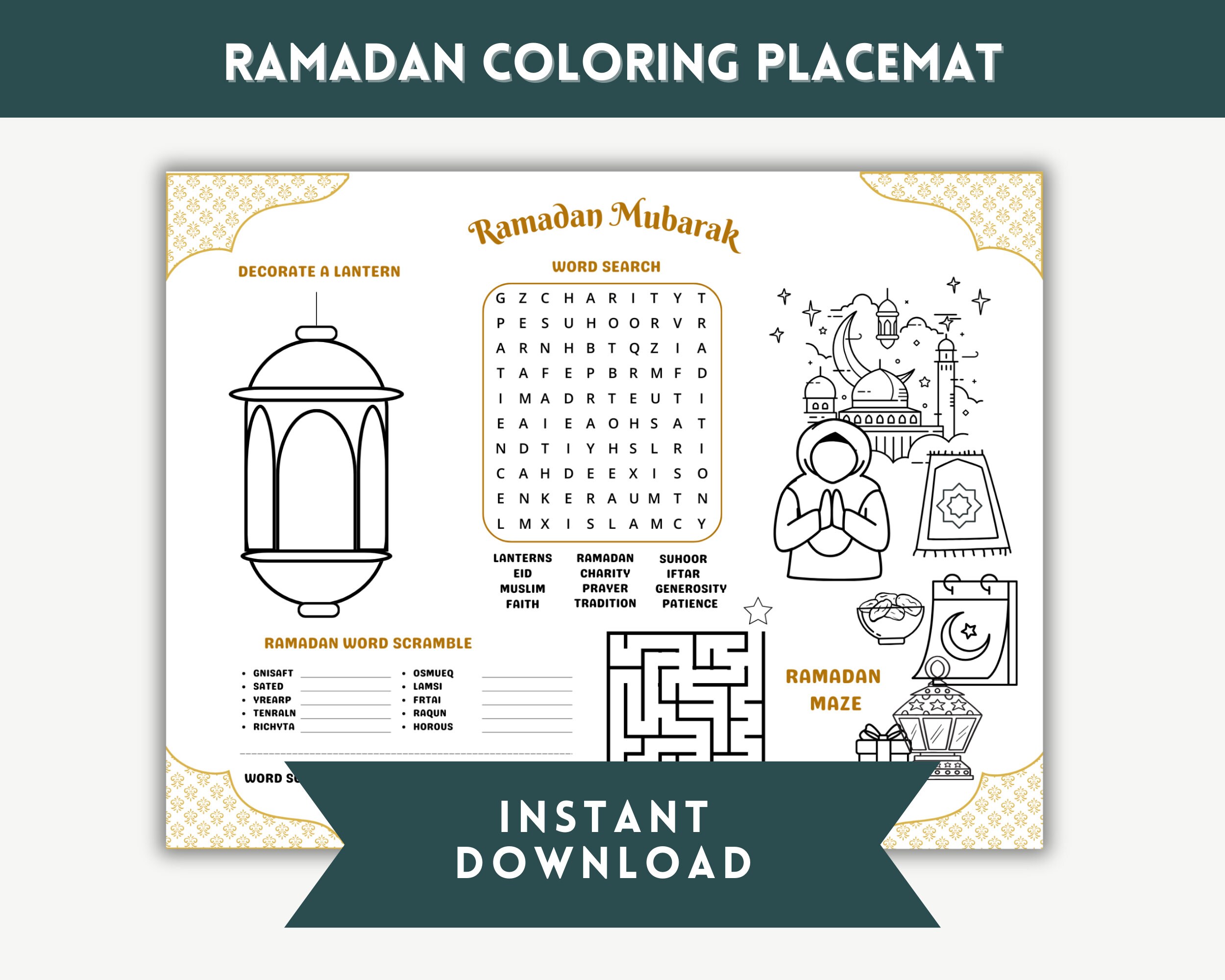 Ramadan Coloring Placemat, Eid Activities for Kids, Ramadan Printable ...