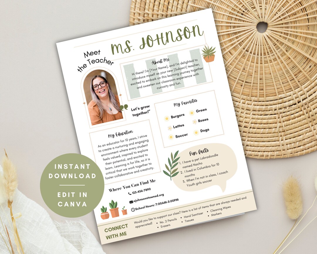 Editable Meet the Teacher Template With Greenery, All About Me, Boho ...