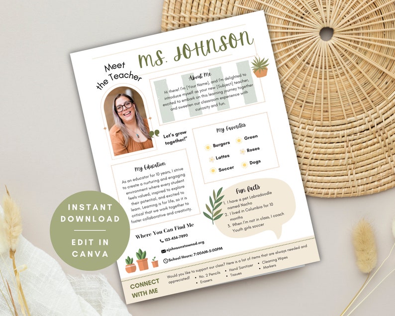 Editable Meet the Teacher Template With Greenery, All About Me, Boho ...