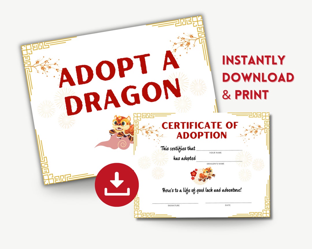 Dragon Adoption, Digital Print Chinese Lunar New Year, Adopt a Dragon Certificate and Sign ...