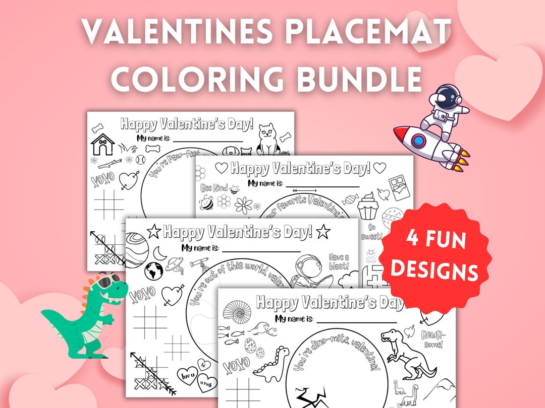 Valentines Day Placemats Coloring Page for Kids, Dinosaur, Dog, Space ...