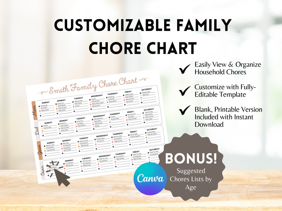 Weekly Family Chore Chart Printable, Editable Chore Chart, Adult Chore ...
