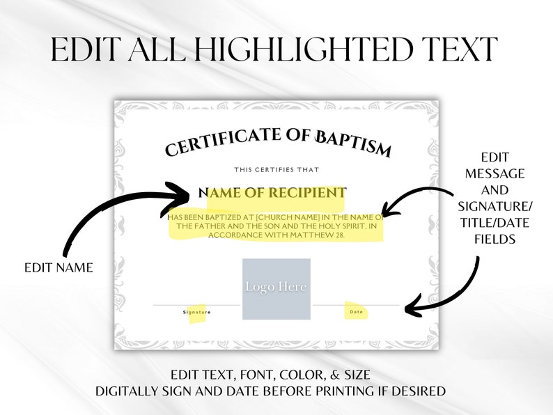 Baptism Certificate Editable With Church Logo, Certificate of Baptism ...