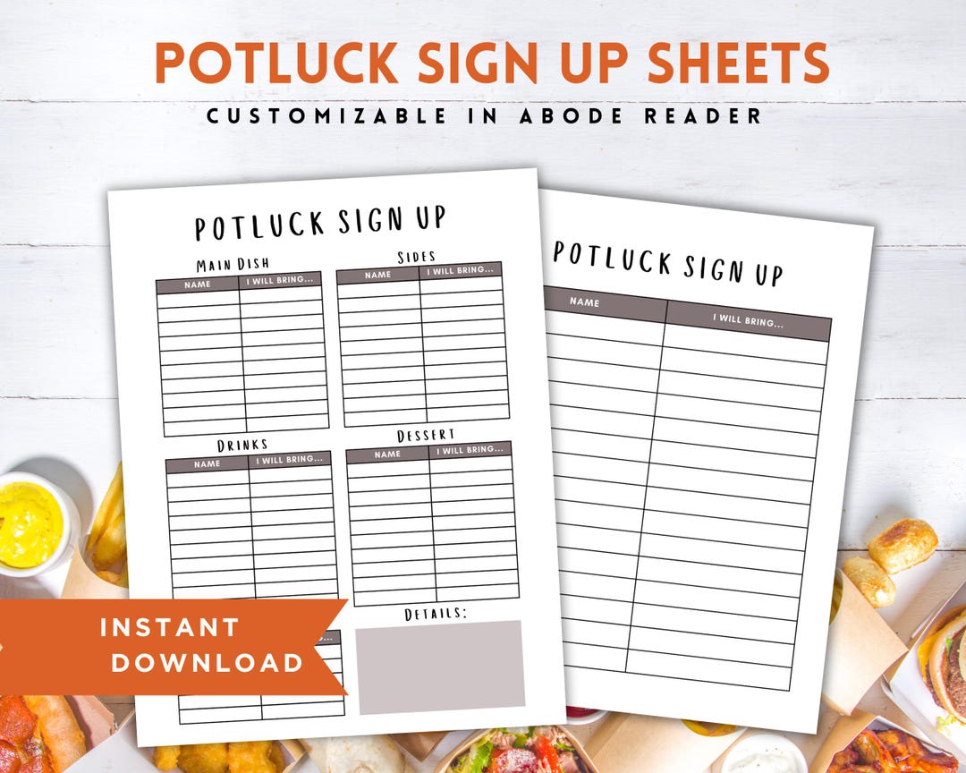 Customizable Potluck Sign up Sheets, Potluck Sign up Template for ...