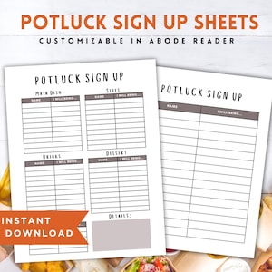 Customizable Potluck Sign up Sheets, Potluck Sign up Template for ...