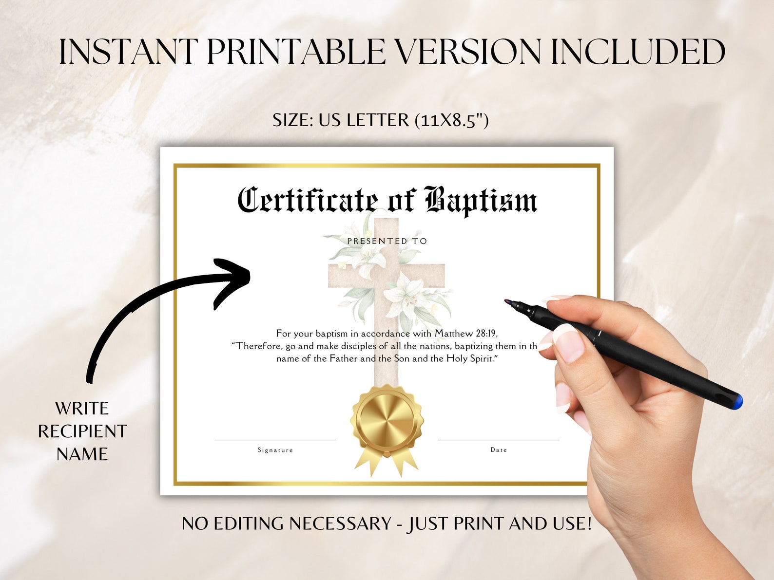 Baptism Certificate Editable, Certificate of Baptism, Water Baptism ...