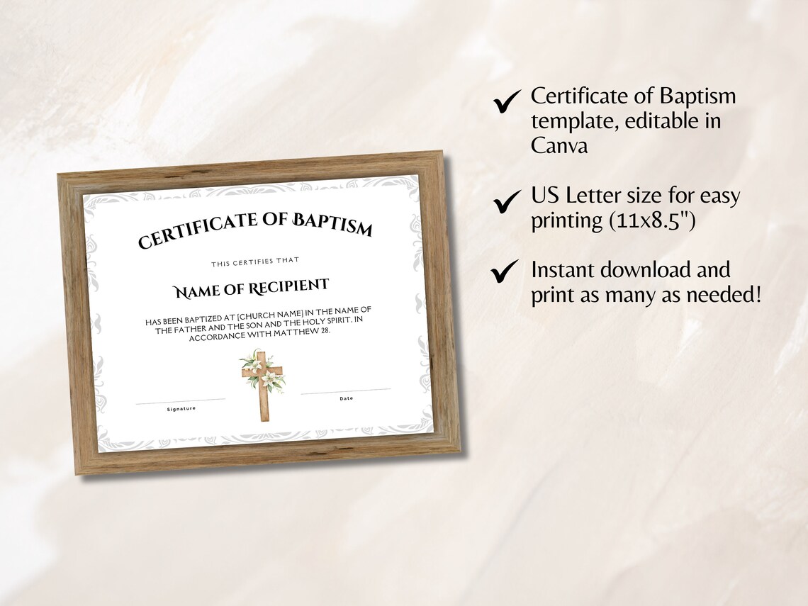 Baptism Certificate Editable, Water Baptism Certificate Catholic ...