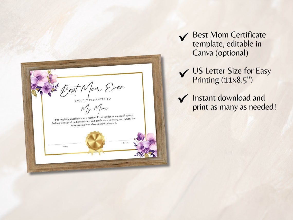 Mother's Day Certificate, Best Mom Ever Certificate, Editable Best Mom ...