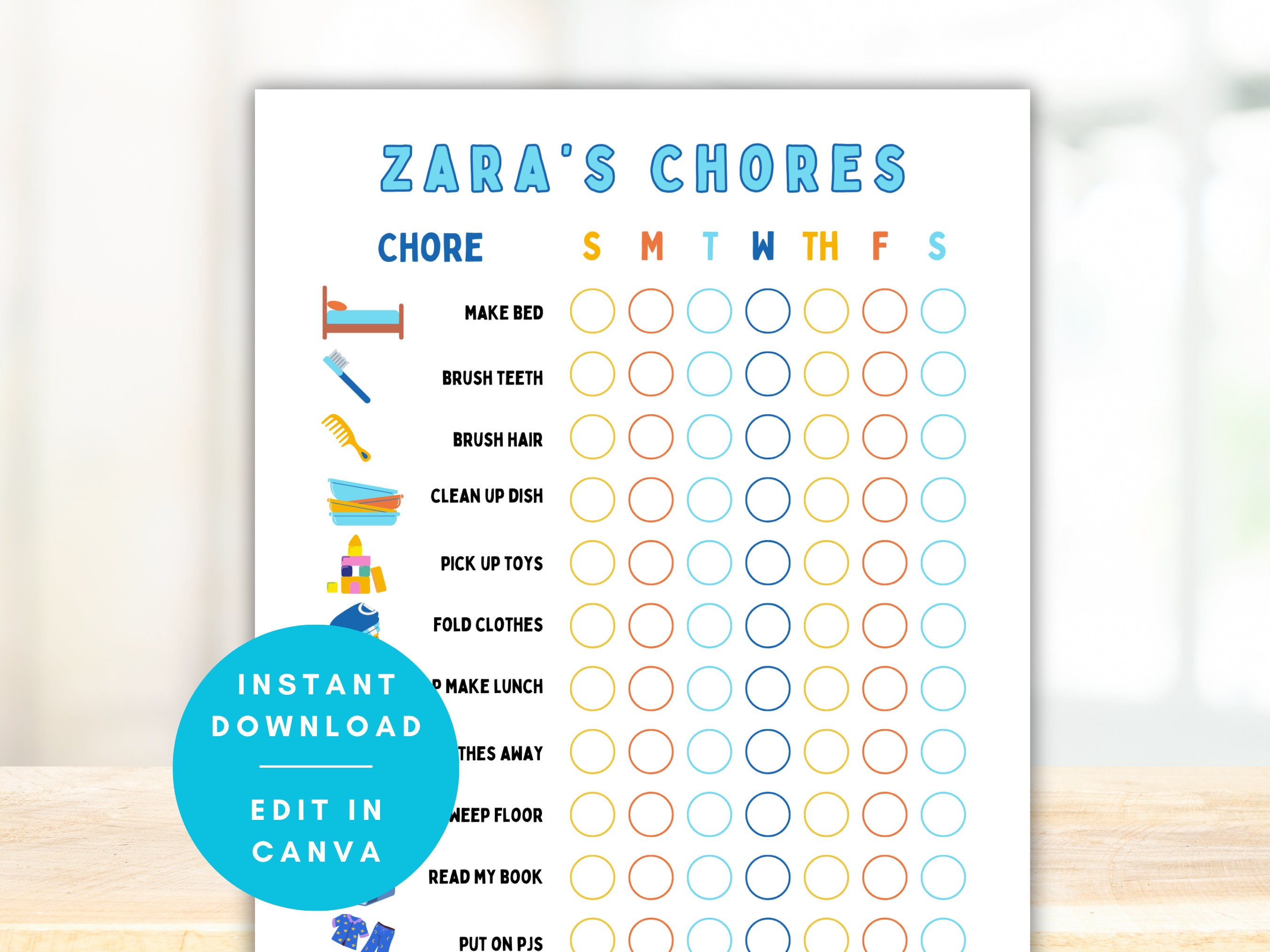Summer Chore Chart With Pictures for Kids, Toddler Chore Chart ...