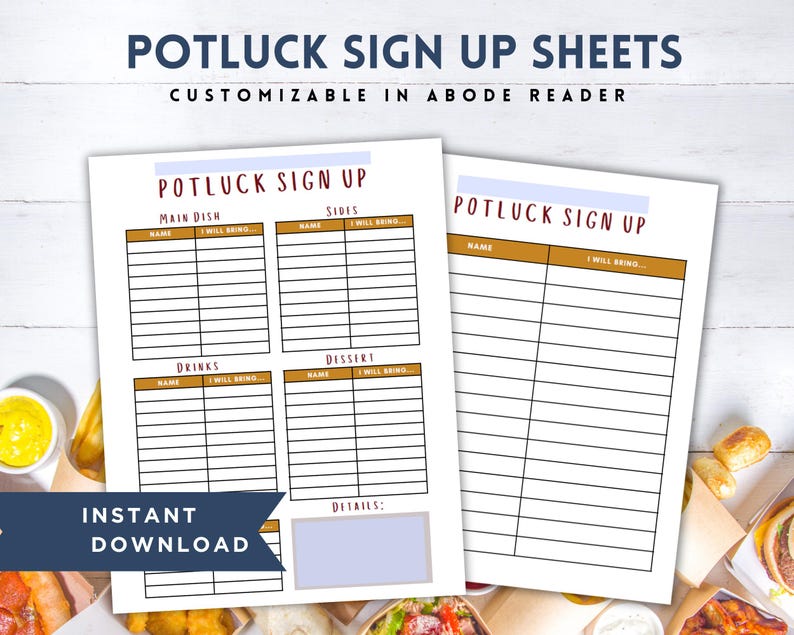Customizable Potluck Sign up Sheets, Food Sign up Template for ...