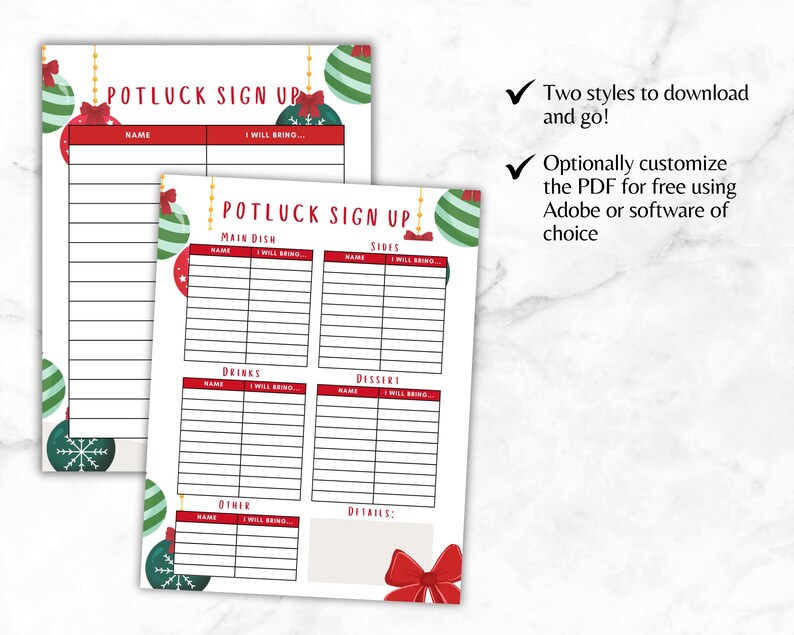 Editable Christmas Potluck Sign up Sheets, Holiday Potluck Sign up ...