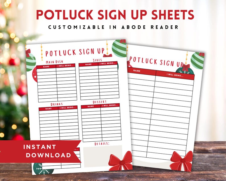 Editable Christmas Potluck Sign up Sheets, Holiday Potluck Sign up ...