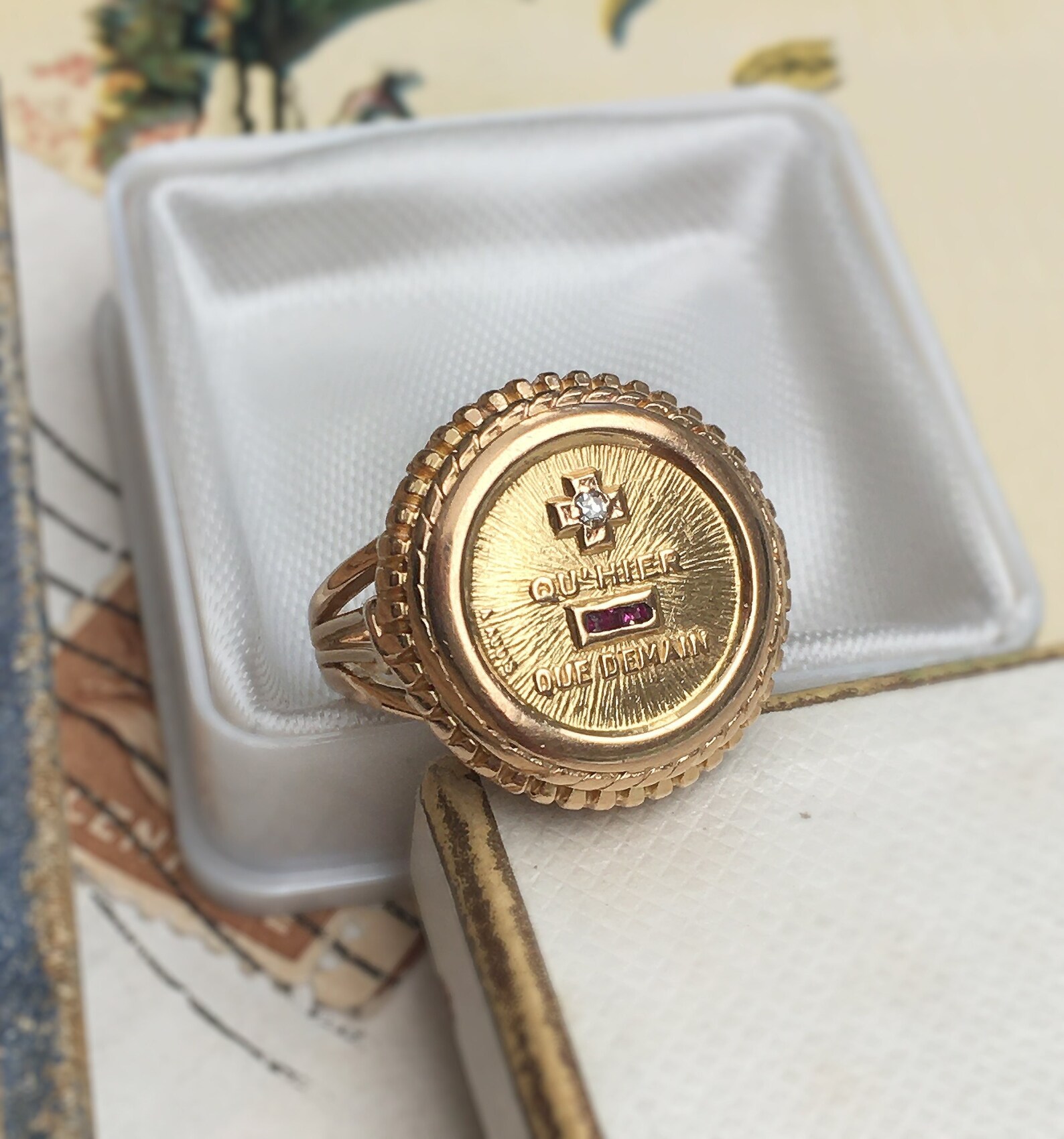 Rare Alphonse Augis Diamond Ruby 18k 750 18 Carats Gold Ring Love Medal ...