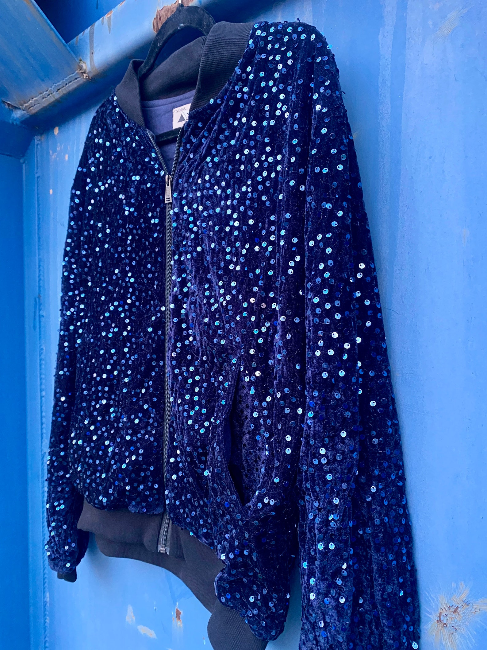 Navy Blue Sequin Jacket - Velvet Track Jacket - Vintage Jacket ...