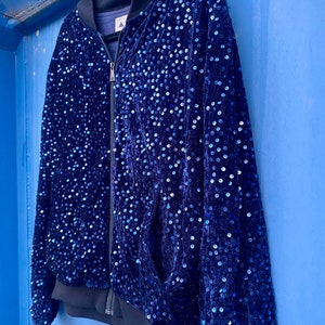 Navy Blue Sequin Jacket - Velvet Track Jacket - Vintage Jacket ...