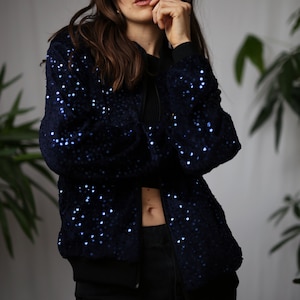Navy Blue Sequin Jacket - Velvet Track Jacket - Vintage Jacket ...