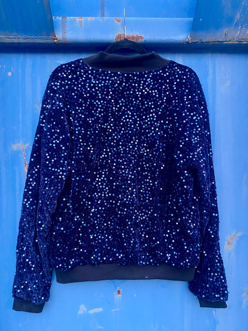 Navy Blue Sequin Jacket - Velvet Track Jacket - Vintage Jacket ...
