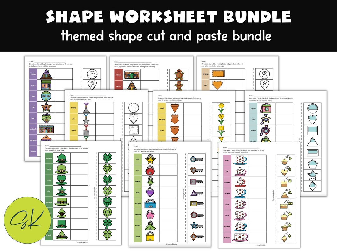 Cut and Paste Shape Worksheet Bundle - Etsy