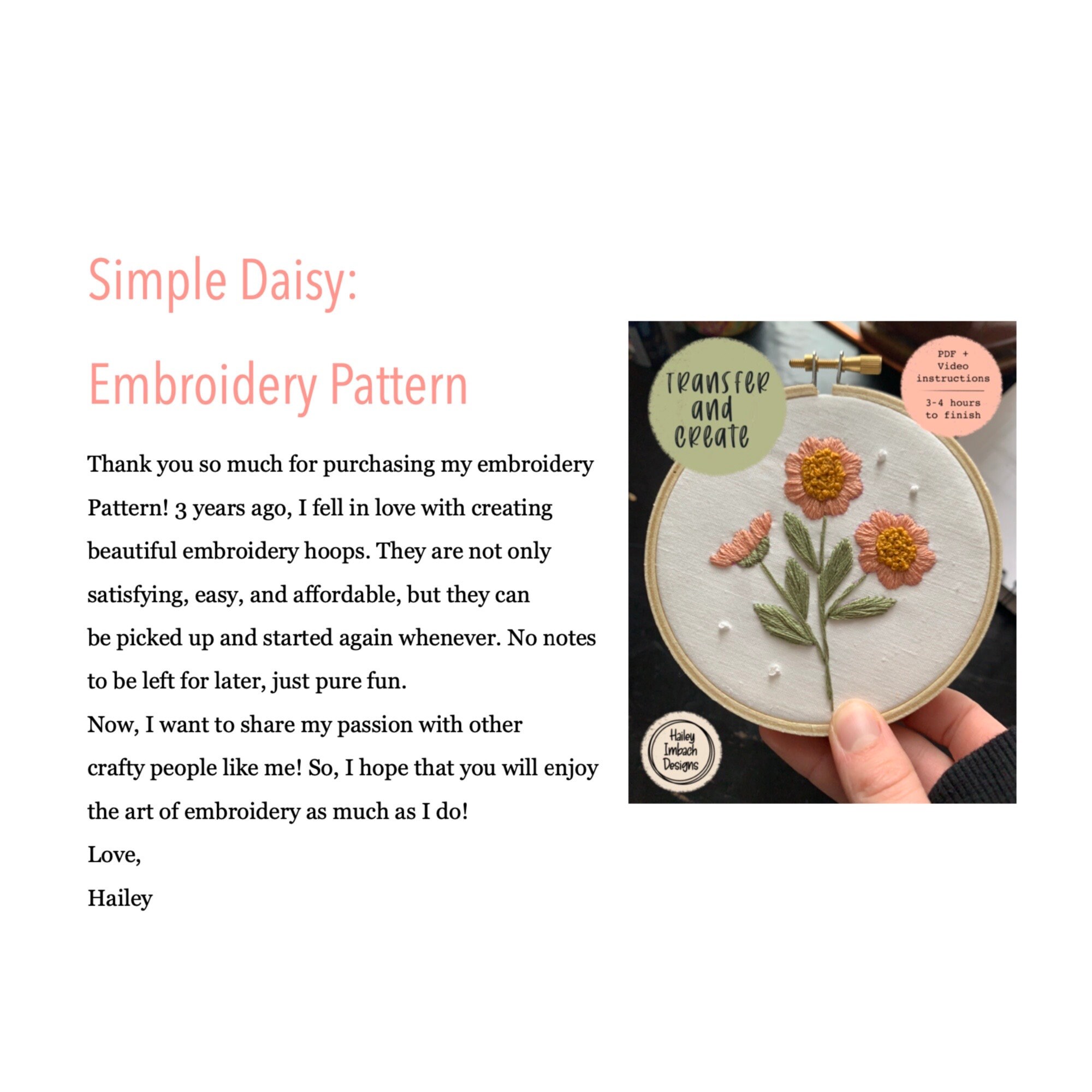 Simple Daisy Embroidery Pattern for Beginners, Intermediate, Gifts ...
