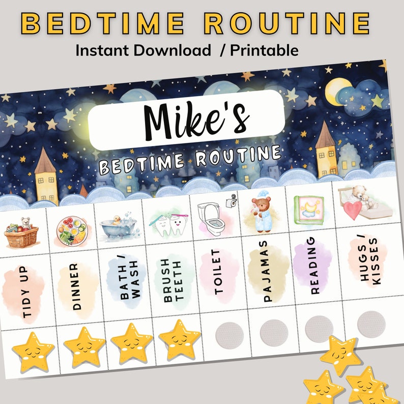 Bedtime Routine Chart Printable for Kids, Toddler Evening, Chore Chart ...
