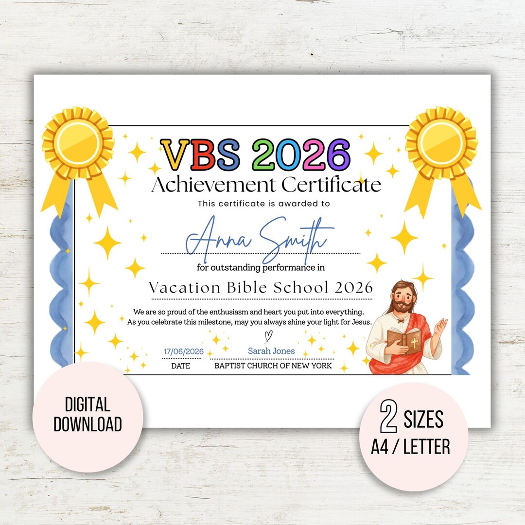 VBS 2026 Achievement Certificate, Vacation Bible School Award ...