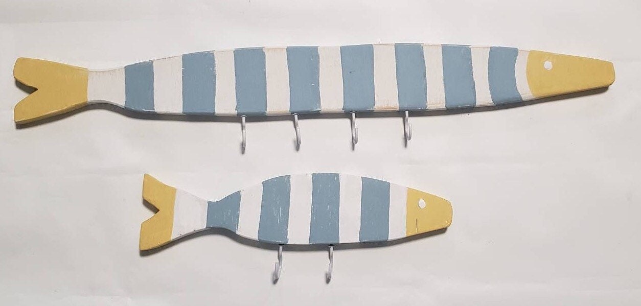 Handcrafted Striped Wooden Fish Key Rack, Coastal Beach Decor - Etsy