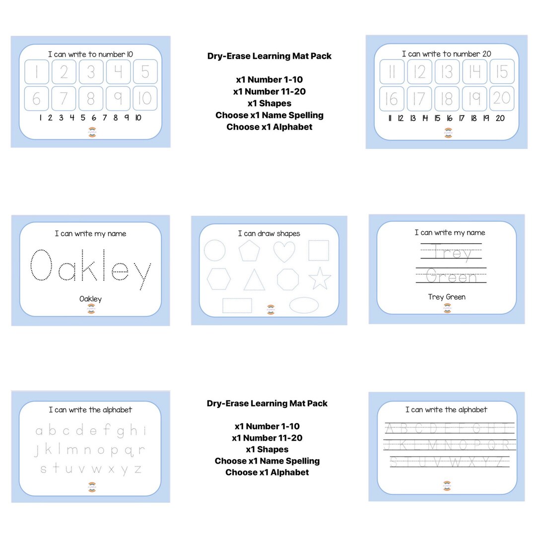 Learning Mat Pack - Dry-erase (5 Learning Mats & X1 Black 2-in-1 Dry ...