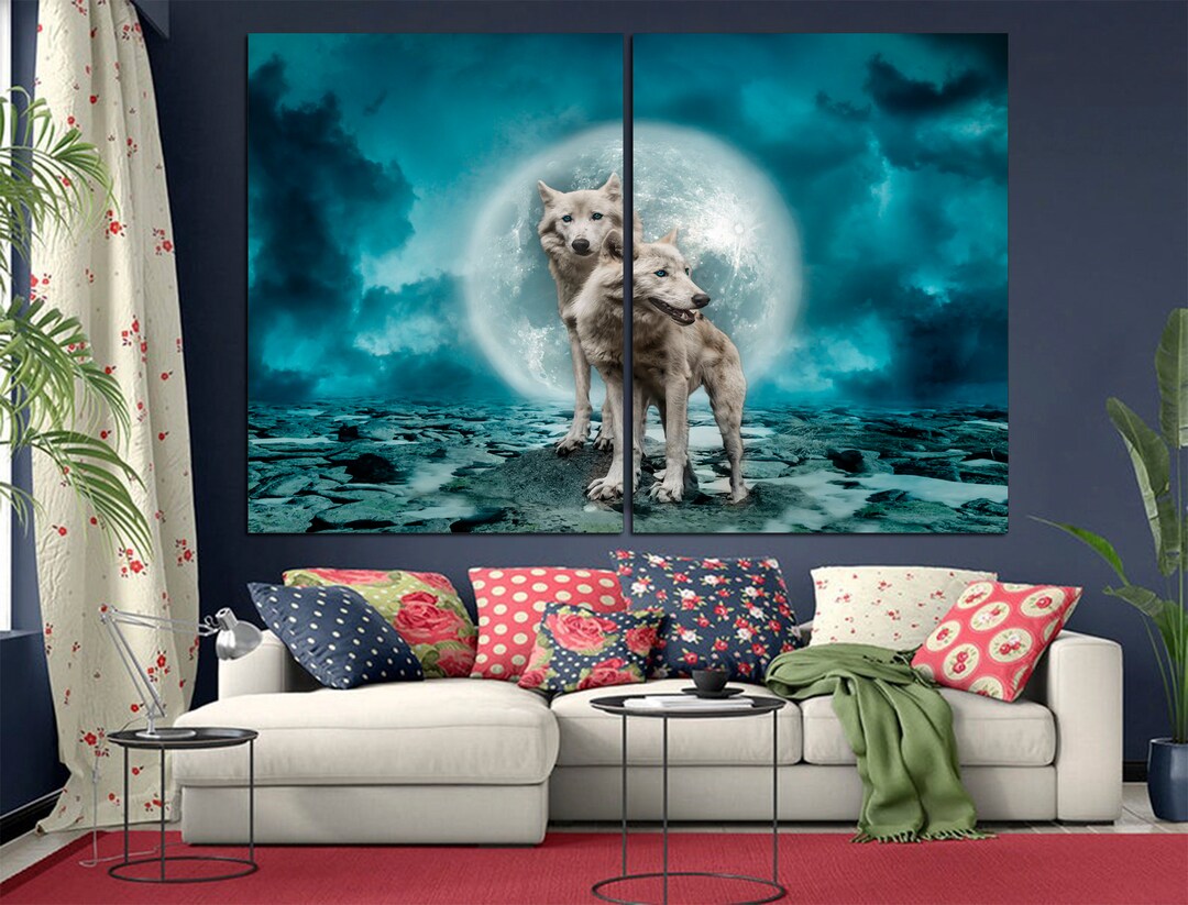 Two Wolves Howling at Moon Canvas Print: Blue Eyes Wolf Wall Art - Etsy