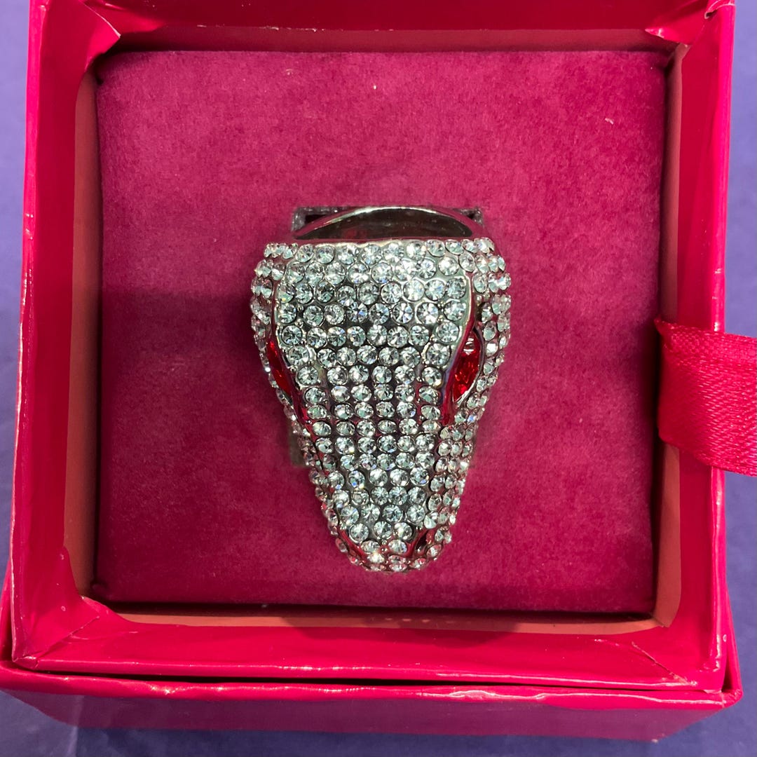 Vintage Butler and Wilson Snakes Head Statement Ring, Silver Rhinestone Crystals, Size UK L/M ...