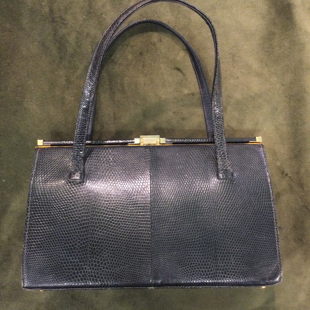 Vintage 1970s Black Leather mock Lizard Handbag - Etsy