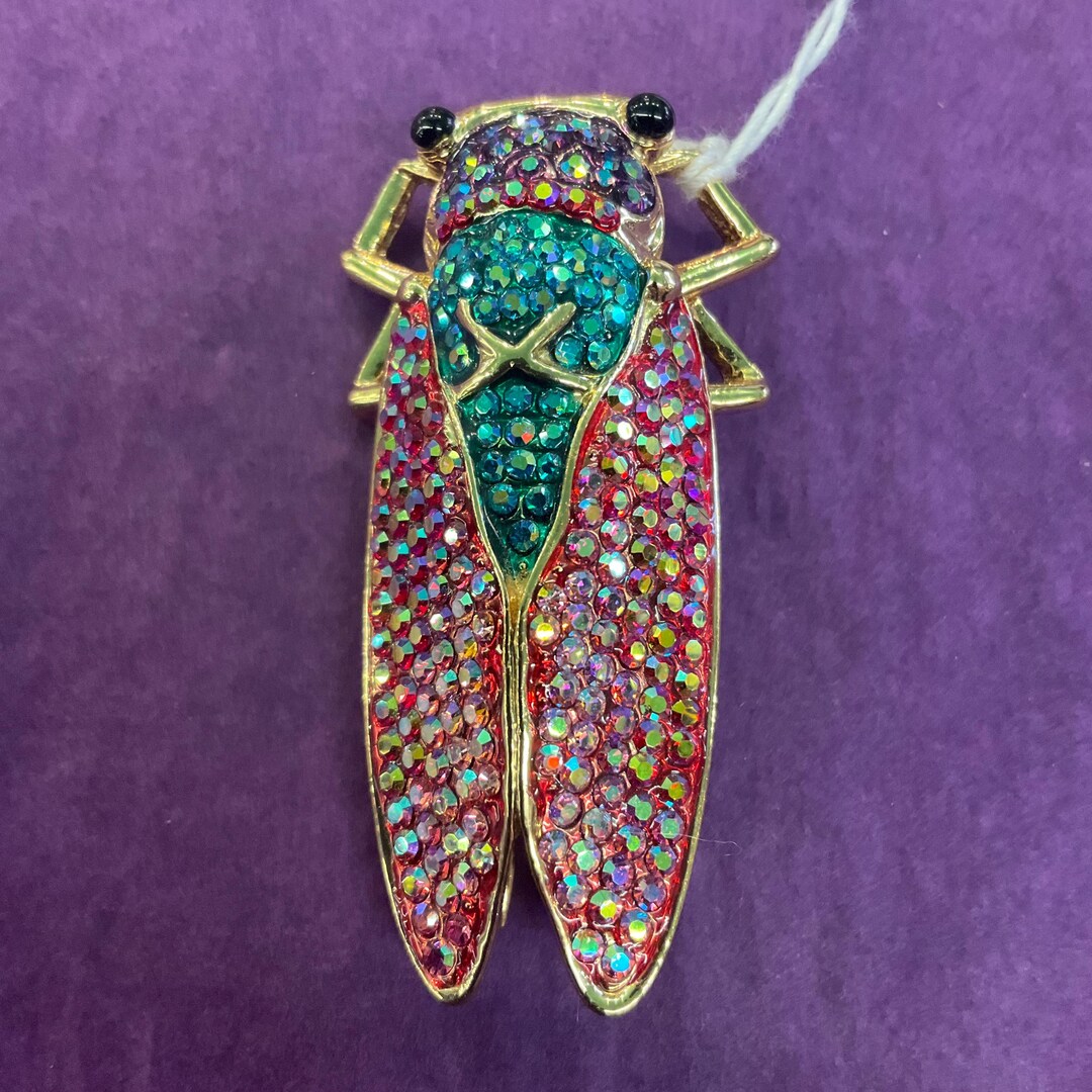 Vintage Butler and Wilson Rainbow Crystal Cicada Brooch, Gold Tone With ...