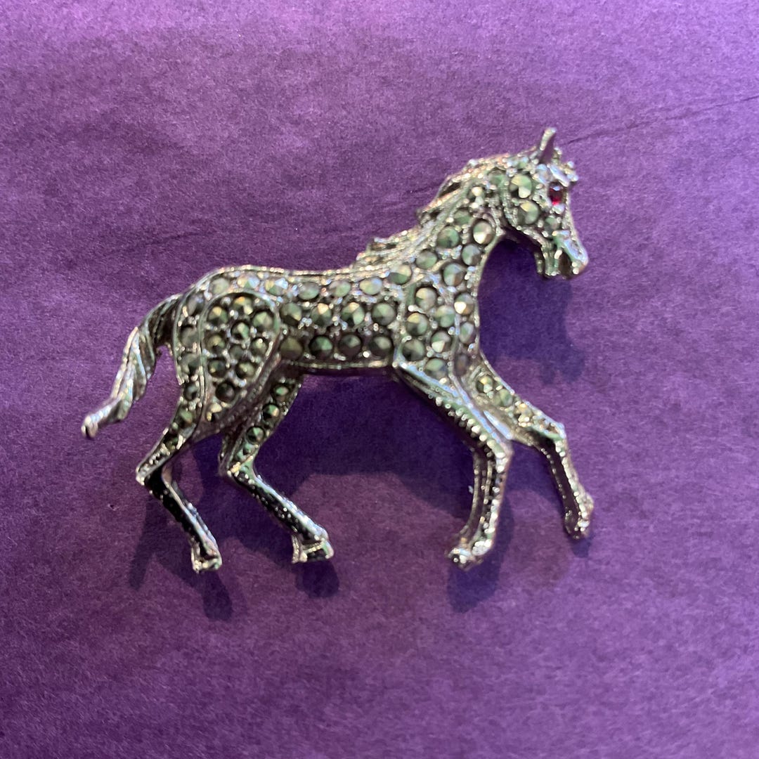 Vintage 1940s Silver Tone Marcasite Prancing Pony Brooch, Horse Lover ...