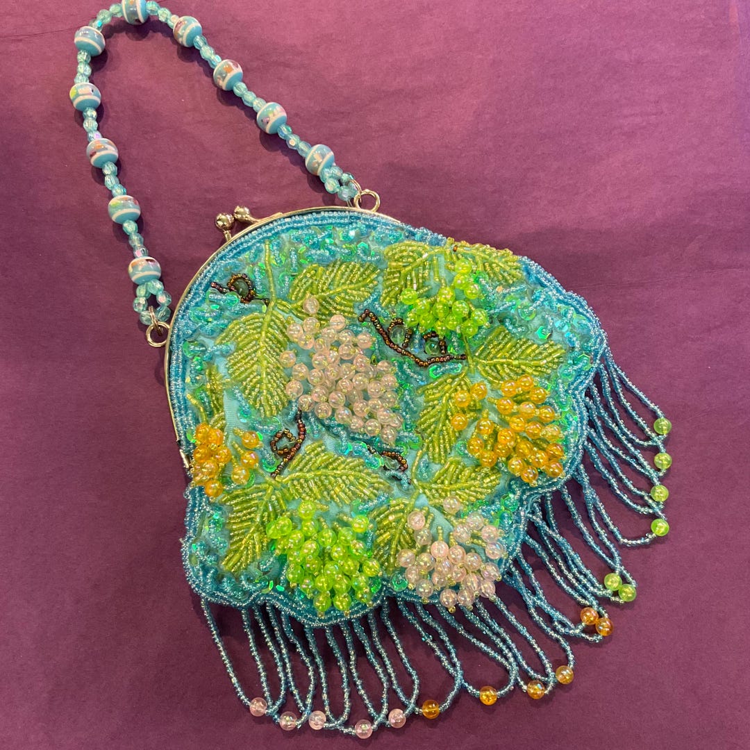 Vintage Butler and Wilson Turquoise Satin Floral Beaded Evening Bag ...