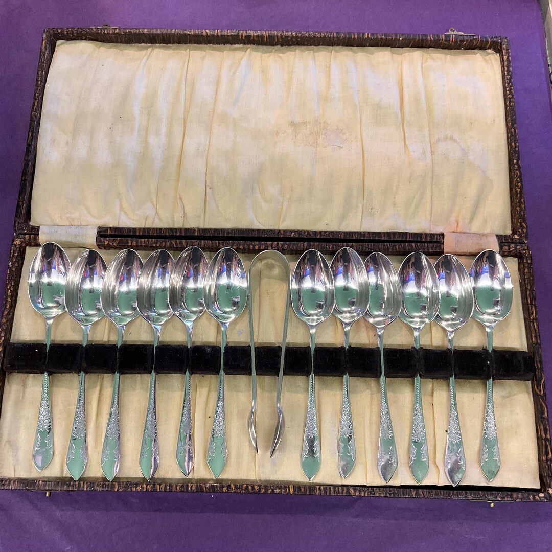 Vintage Silver Plated Art Deco Teaspoon Set: 12 Spoons, Sugar Tongs ...