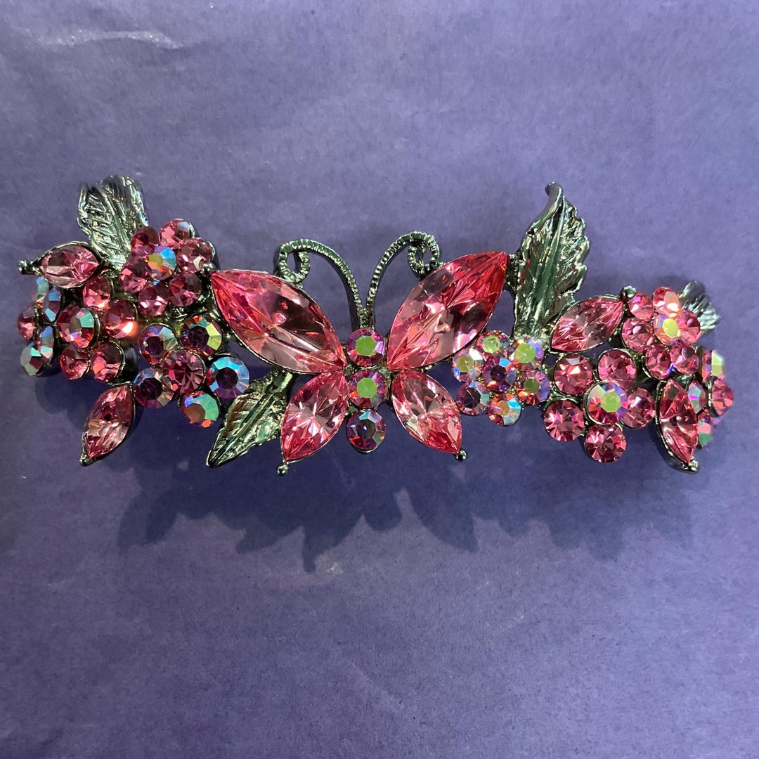 Vintage Butler and Wilson Pink Crystal Butterfly Floral Bar Brooch ...