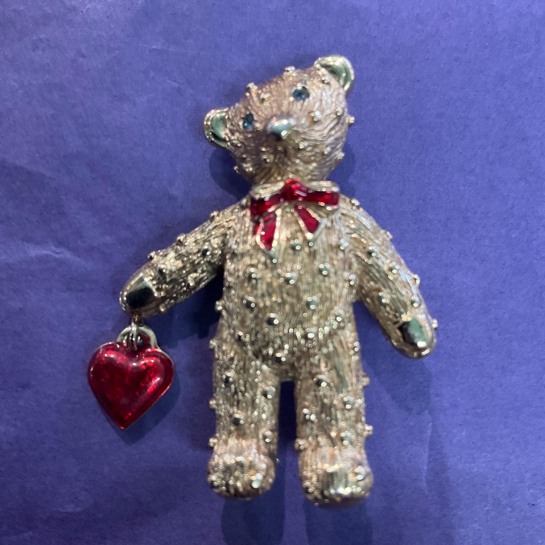 Vintage Butler and Wilson Teddy Bear With Heart Brooch, Gold Tone With ...