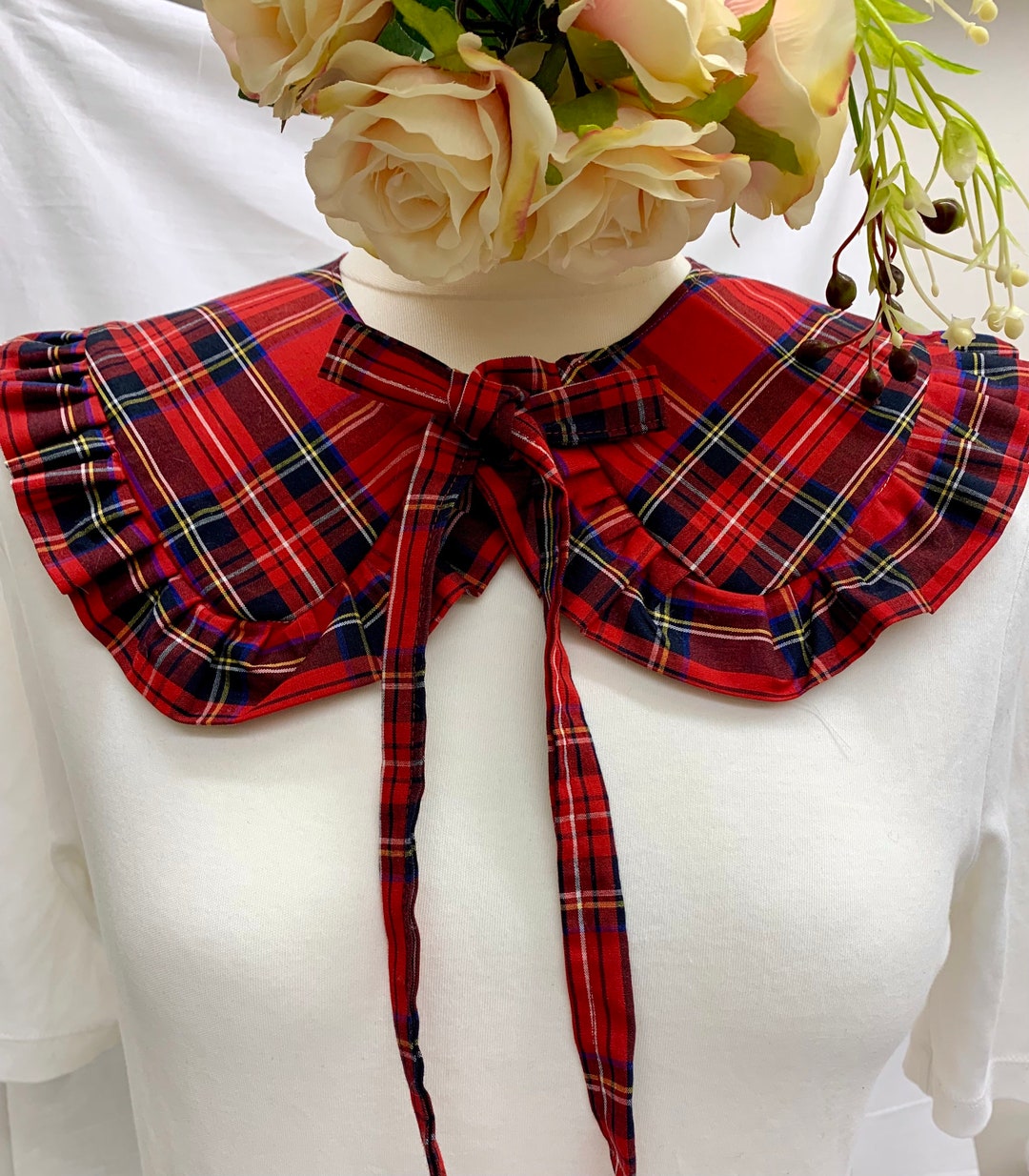 Red Tartan Cotton Ruffle Collar, Handmade Detachable Oversized Collar ...