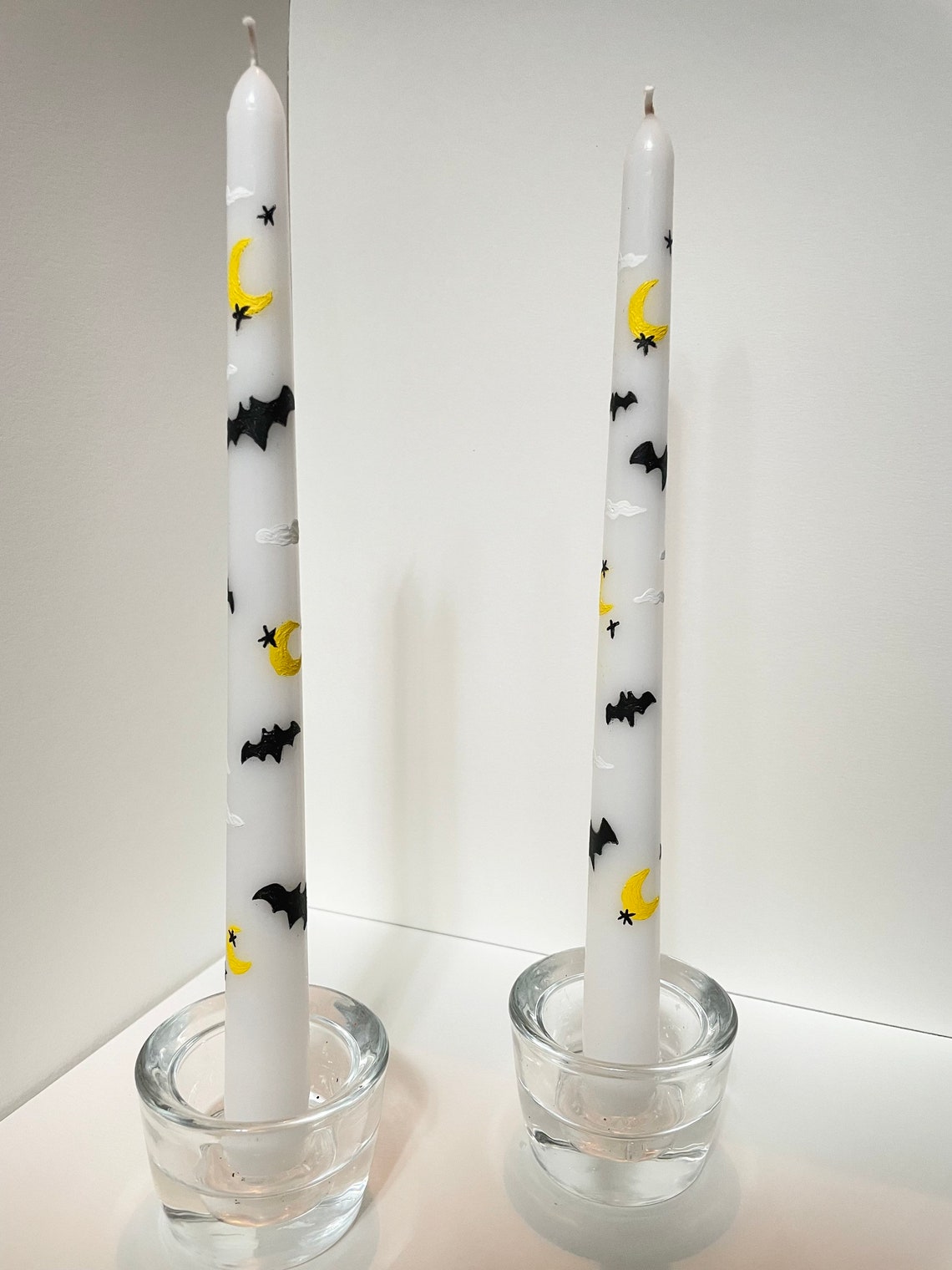 Bat Moon Lit Sky Taper Candles set of Two Hand Painted - Etsy