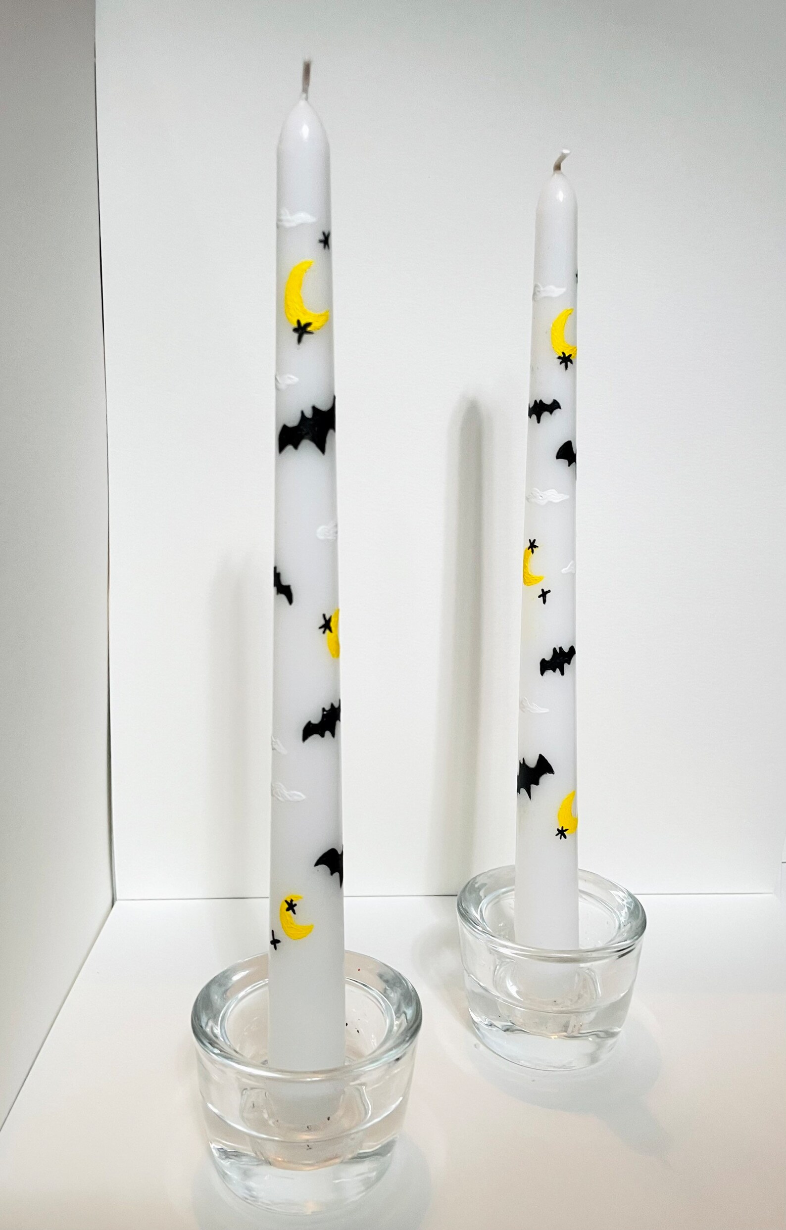 Bat Moon Lit Sky Taper Candles set of Two Hand Painted - Etsy