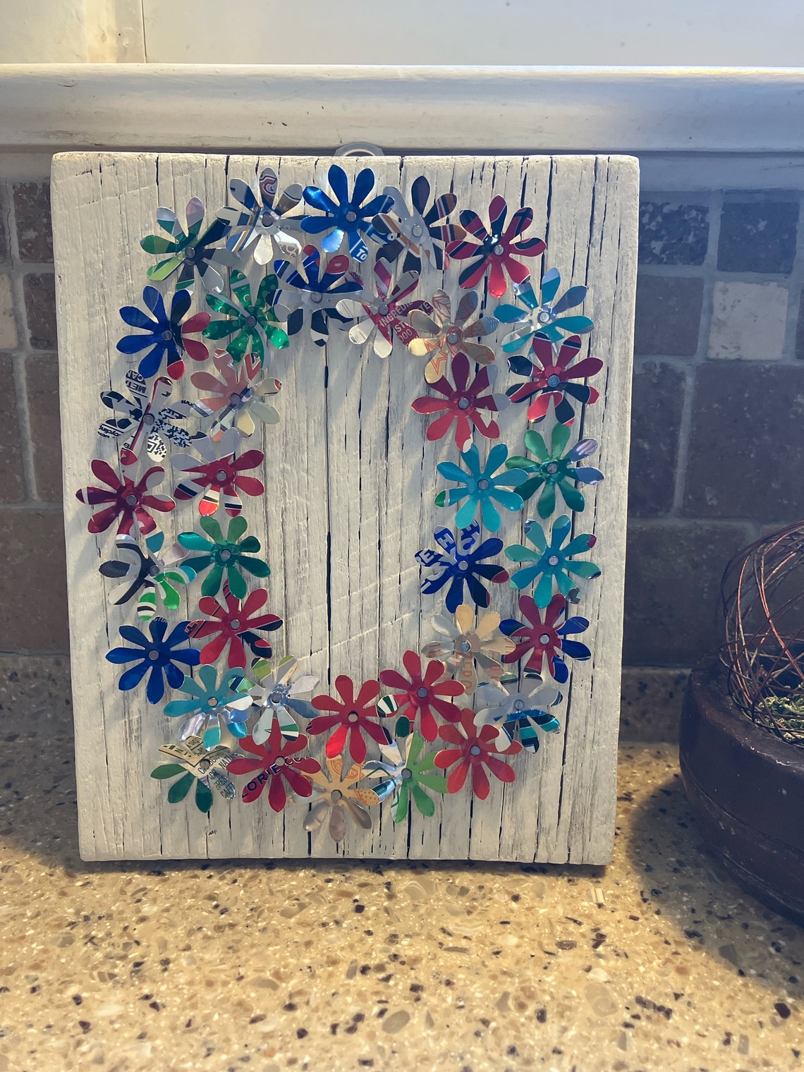 Metal Flower Wreath on Wood Board - Handmade Soda Can Art! Fun, Unique ...