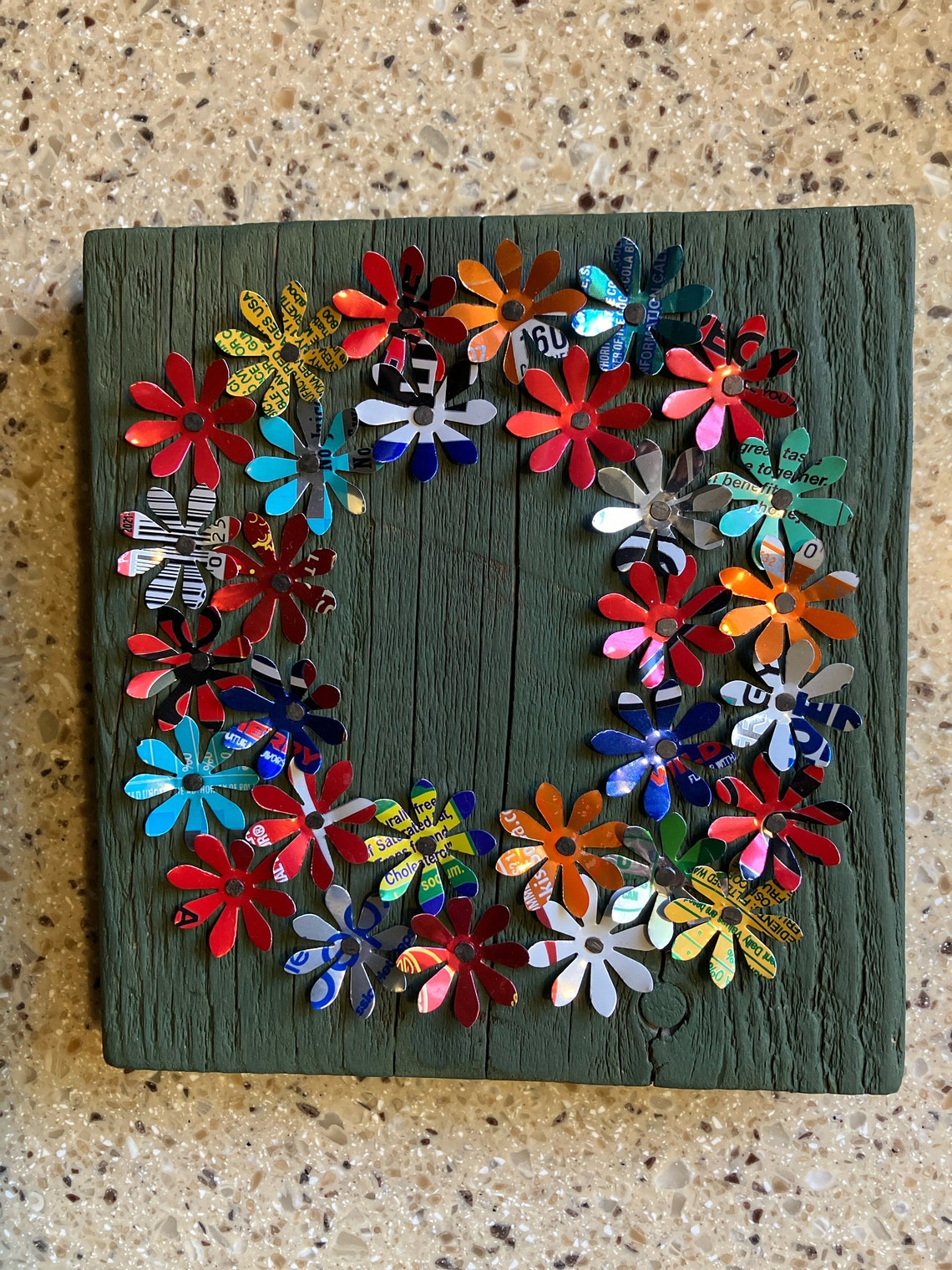 Multicolor Metal Flower Wreath on Green Board Fun Handmade Soda Can Art ...